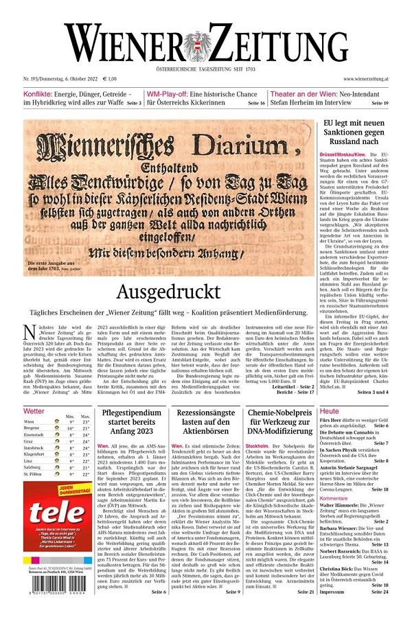 Die "Wiener Zeitung" hat "ausgedruckt": Erste Ausgabe von 1703 zum Ende ...